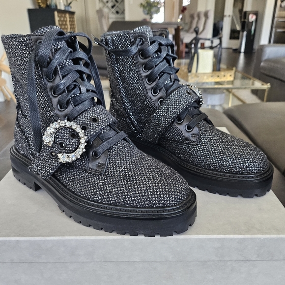 Jimmy Choo | Shoes | Jimmy Choo Cora Embellished Metallic Tweed Combat ...